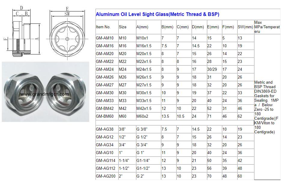 Air compressors bsp npt thread sight glass indicators
